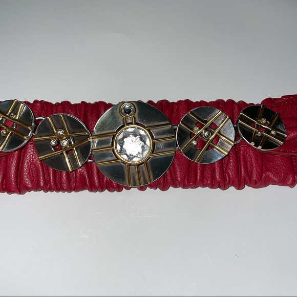 Accessories | Vintage Red Leather Belt Silver Gold Metal With ...